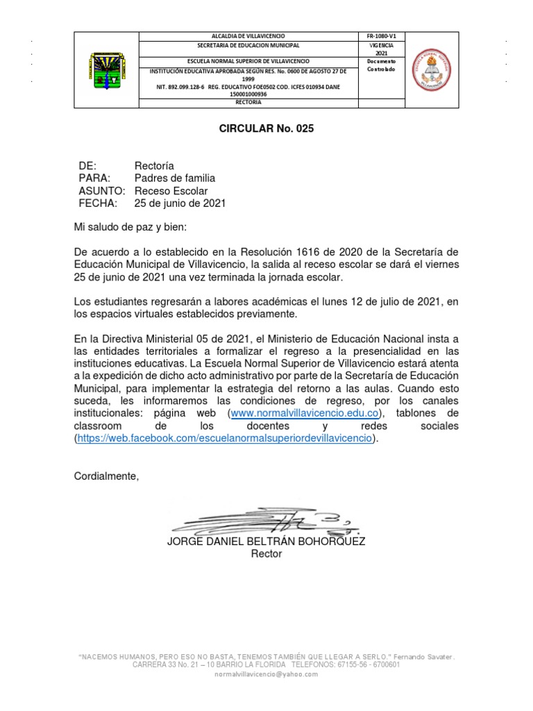 Circular 025 Vacaciones | PDF