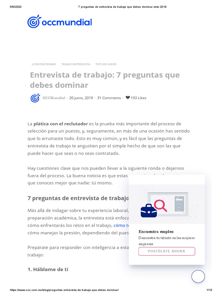 7 Preguntas de Entrevista de Trabajo Que Debes Dominar Este 2019 | PDF ...