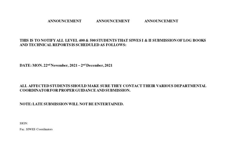 SIWES Log Book Submission Dates | PDF