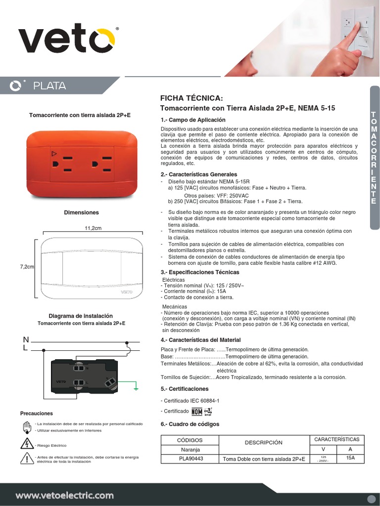 Ficha técnica de tomacorriente con tierra aislada 2P+E | PDF | Enchufes y tomas de corriente ...