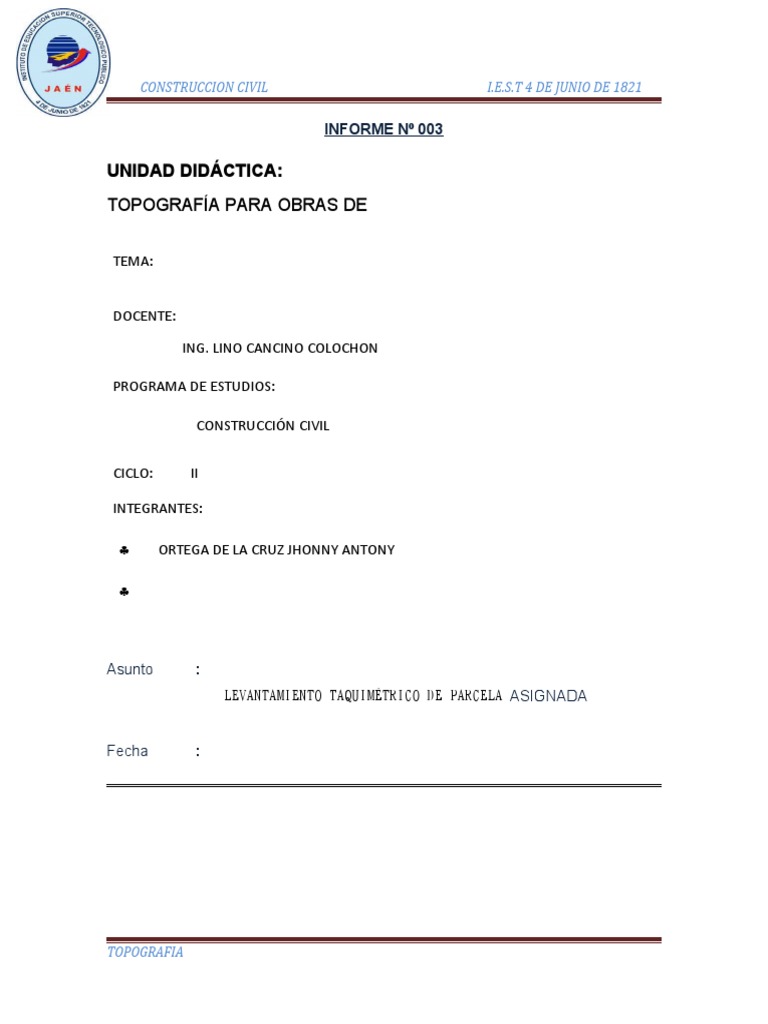 Informe Levantamiento Taquimetrico. | PDF | Topografía | Uso del suelo