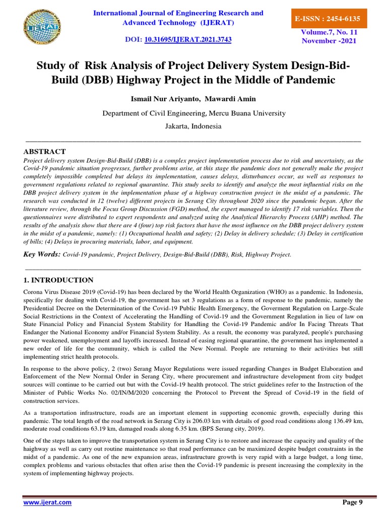 Study of Risk Analysis of Project Delivery System Design-Bid-Build (DBB ...