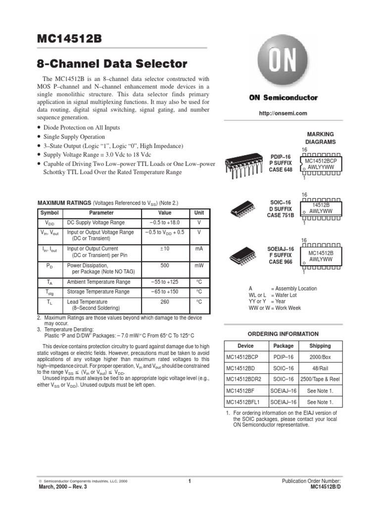 MC14512B 8-Channel Data Selector: PDIP-16 P Suffix CASE 648 | PDF | Logic Gate | Computer ...