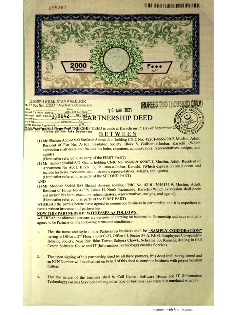 Partnership Deed SAMPLYCO | PDF
