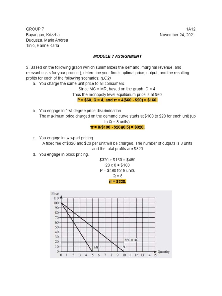 Module 7 Assignment: P = $60, Q = 4, and π = 4 ($60 - $20) = $160 | PDF ...
