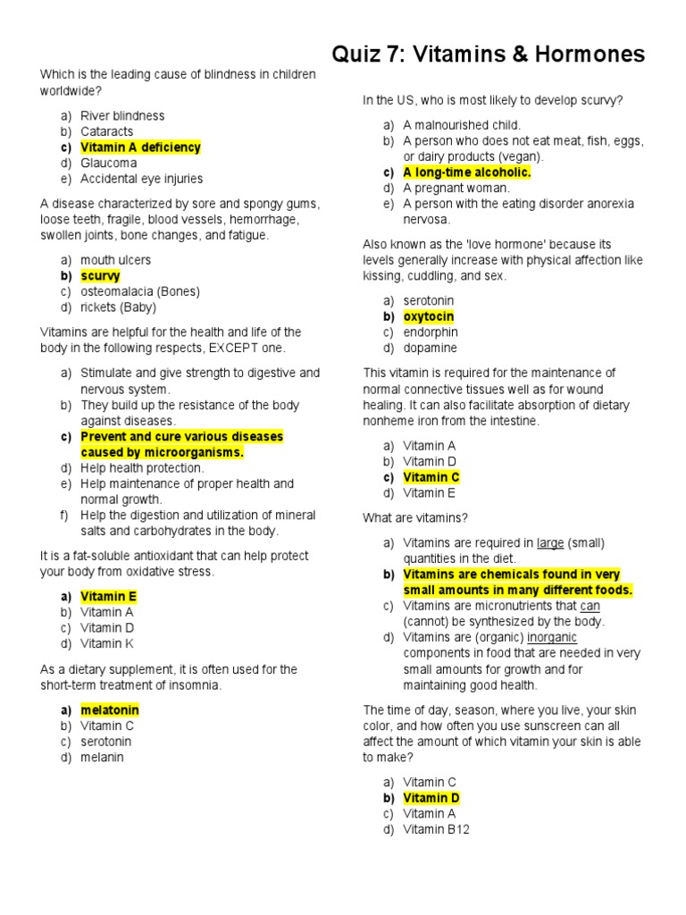 Quiz 7: Vitamins & Hormones | PDF | Vitamin | Vitamin D