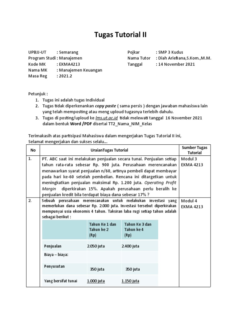 Tugas Manajemen Keuangan EKMA4213 | PDF