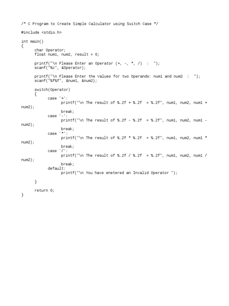 Calculator Script C Program Pdf