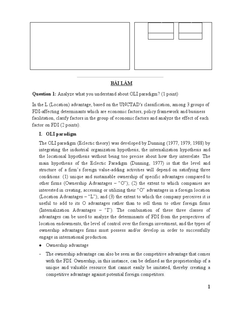 OLI Paradigm and Economic Factors in FDI | PDF | Foreign Direct ...