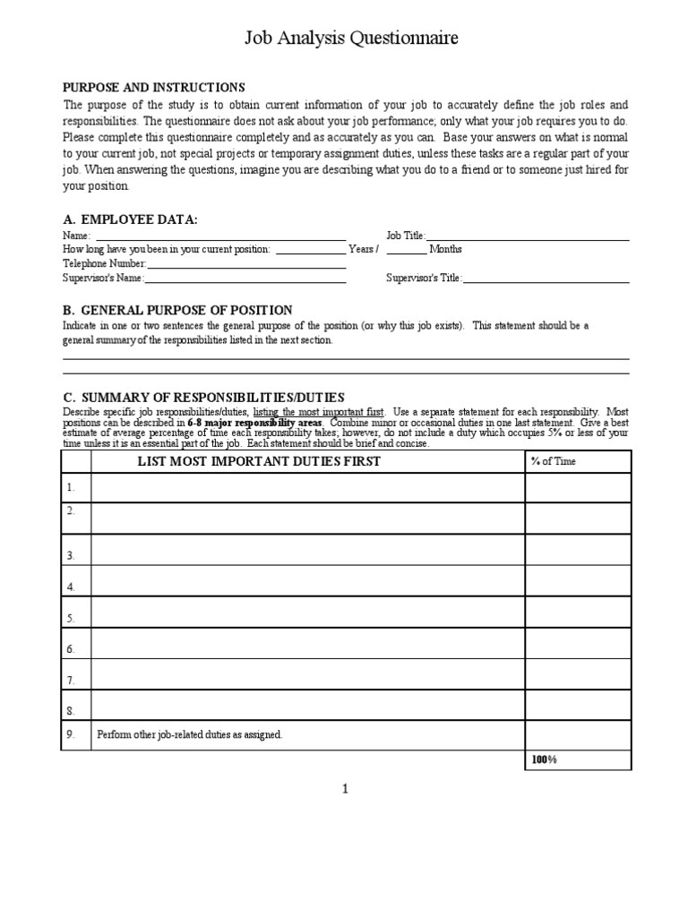 Job Analysis Questionnaire: A. Employee Data | PDF | Bachelor's Degree ...