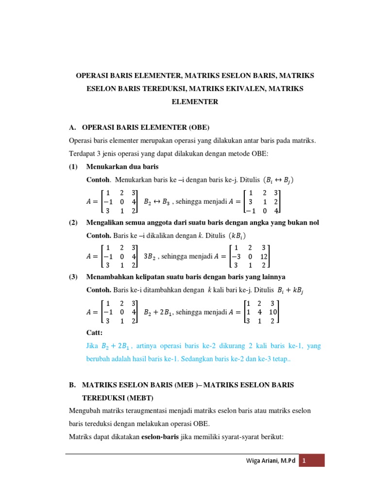 Matriks Ekuivalen dan Operasi Baris Elementer | PDF | Metode & Bahan Ajar