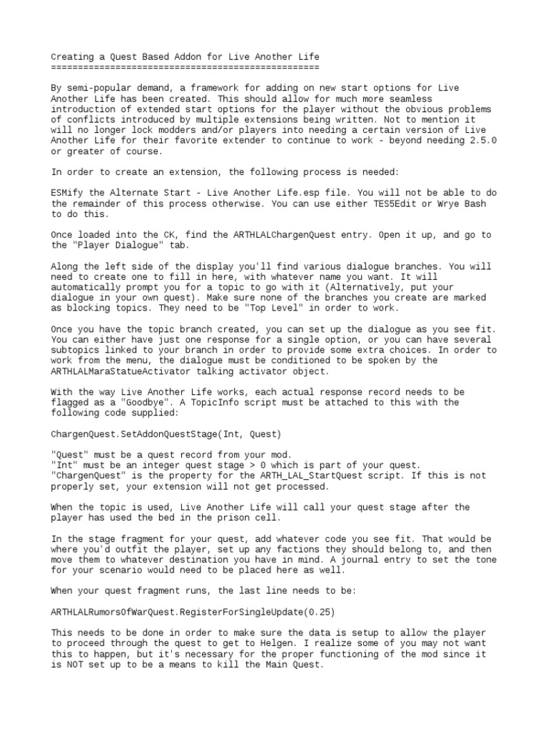 Alternate Start - Live Another Life Extension Documentation | PDF ...