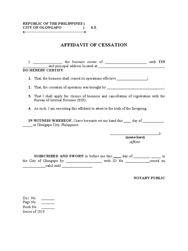 Affidavit of Cessation of Operation | PDF