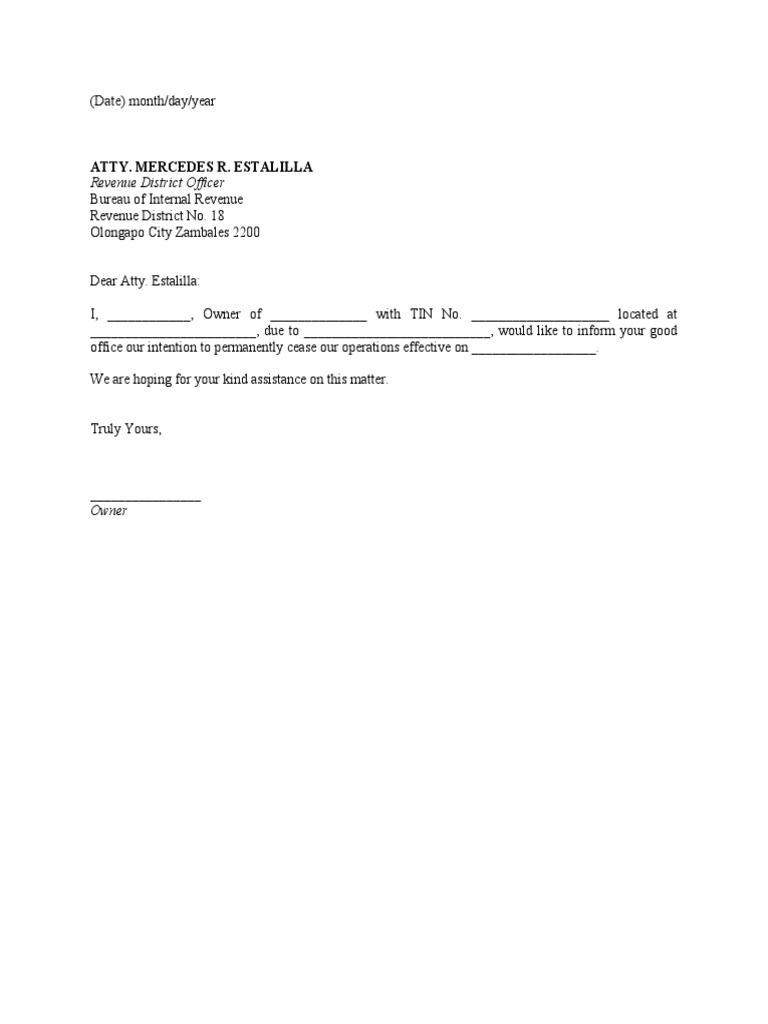 Business Closure Notification to BIR | PDF