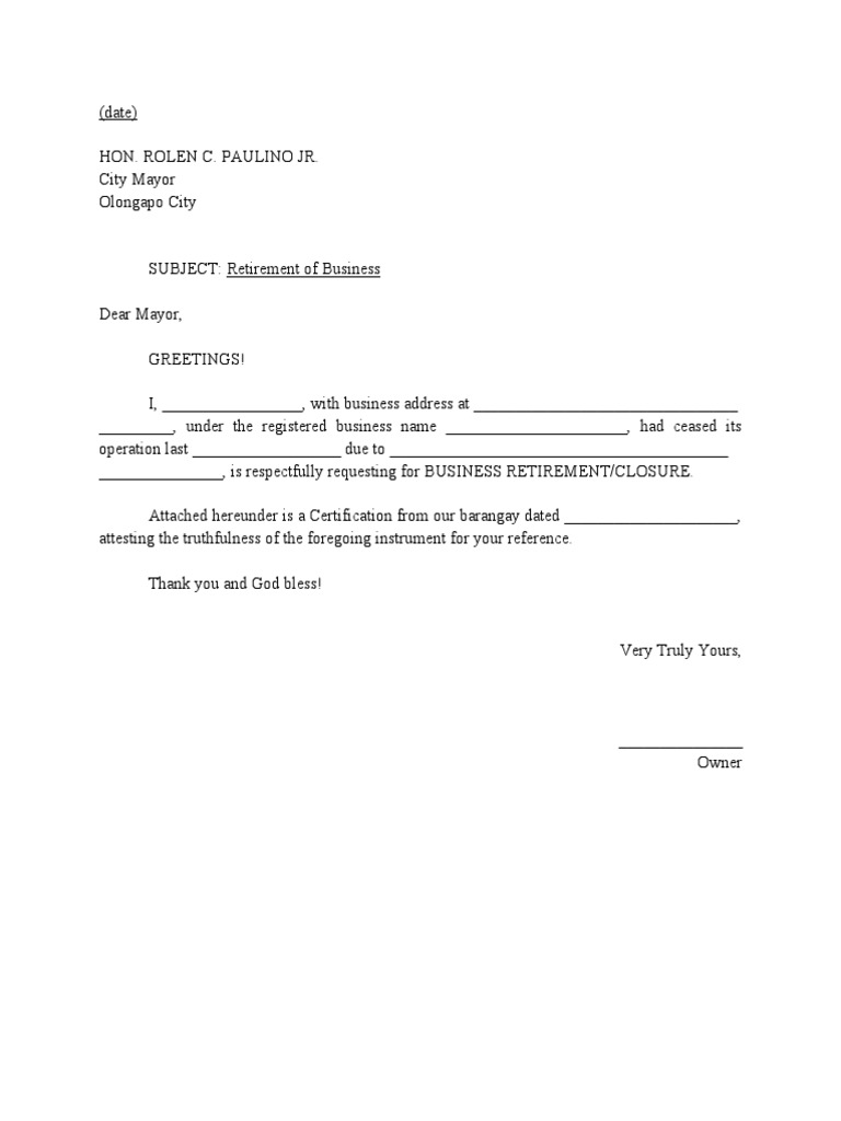 Request Letter For Closure (Municipality Format) | PDF