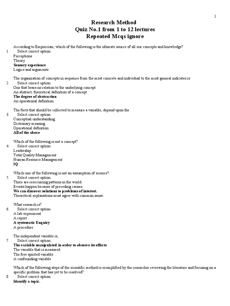 Research Methods Quiz | PDF | Scientific Method | Theory