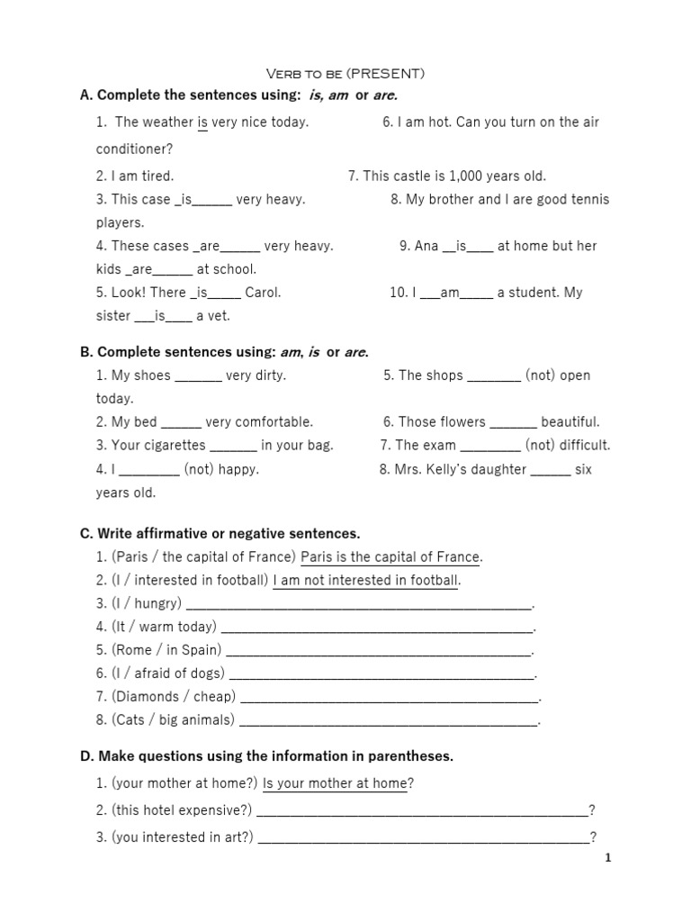 A. Complete The Sentences Using: Is, Am or Are | PDF | Verb | English ...