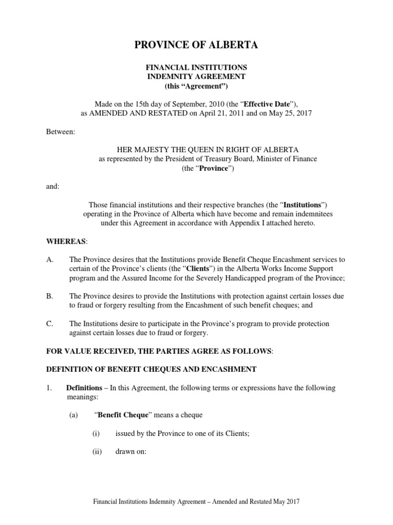 Financial Institutions Indemnity Agreement | PDF | Cheque | Indemnity