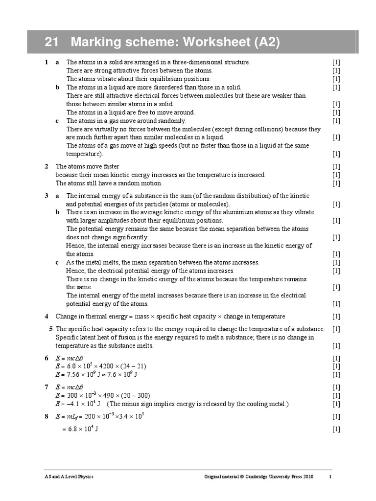 21 Marking Scheme: Worksheet (A2) : E E E E | Download Free PDF | Heat ...