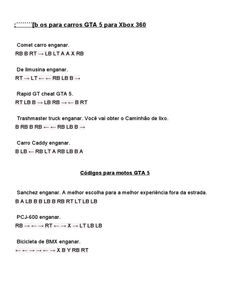 Códigos GTA 5 para Xbox 360 | PDF