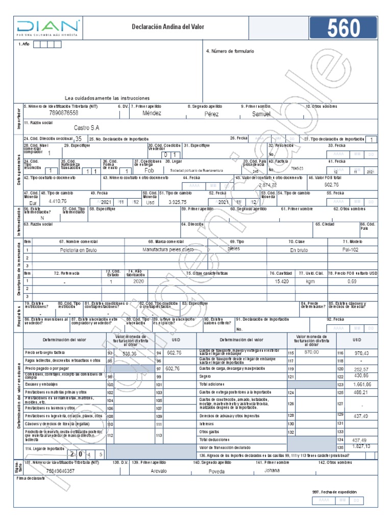 Declaración Andina de Valor Importación para Reexportación Mismo Estado | PDF | Precios | Factura