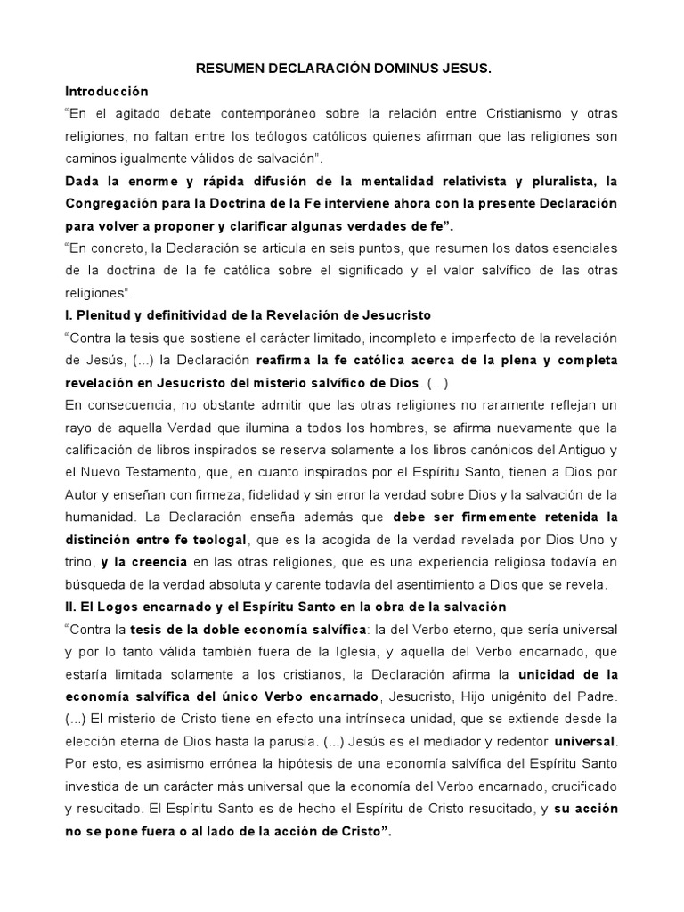 Resumen Declaracion Dominus Jesus | PDF | Iglesia Católica | Cristo ...