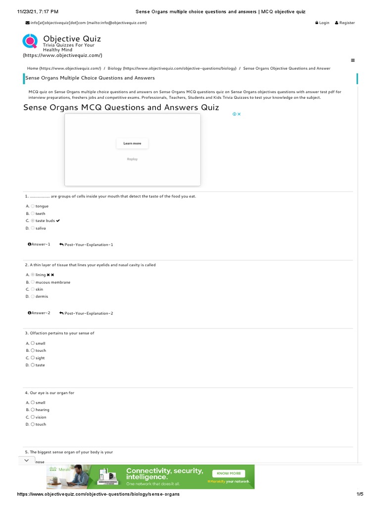 Sense Organs Multiple Choice Questions and Answers - MCQ Objective Quiz ...