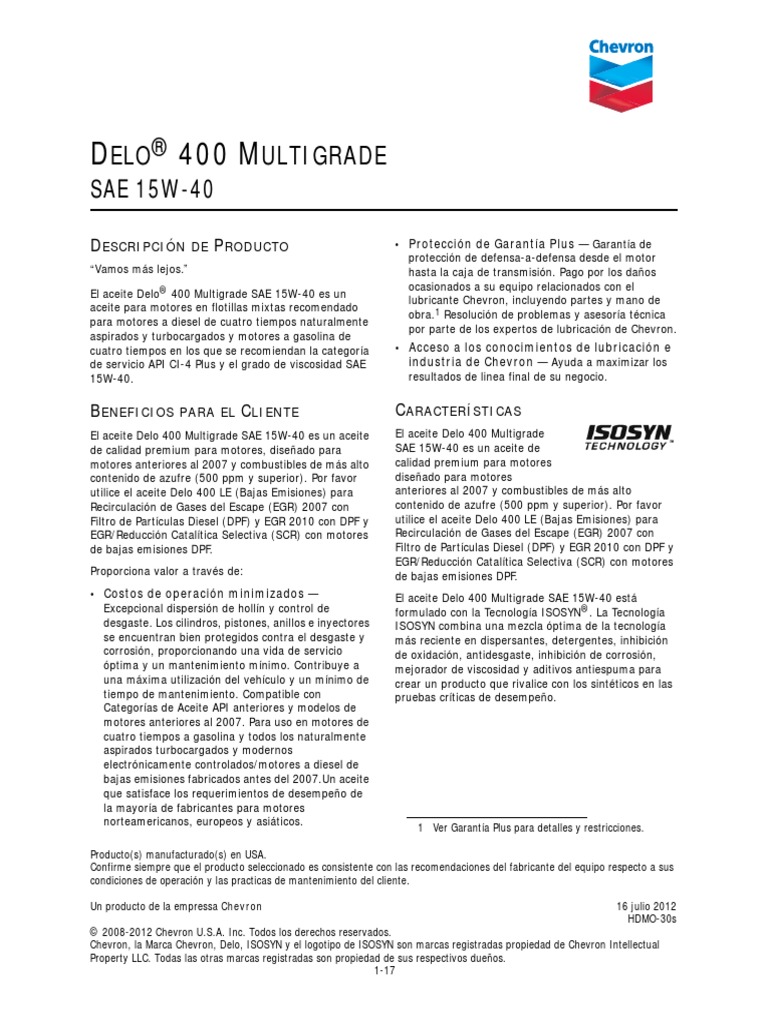 FT Delo 400 Sde Sae 15w-40 | PDF | Motor diesel | Turbocompresor