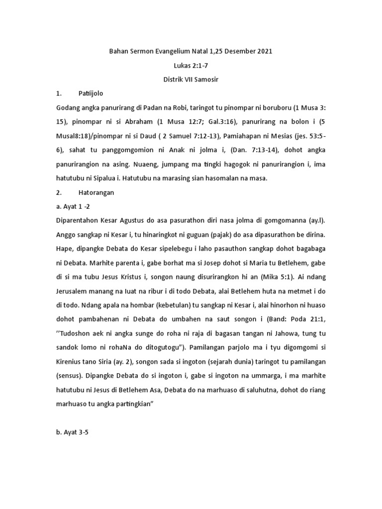 Bahan Sermon Evangelium Natal 1, Lukas 2. 1-7, Distrik VII Samosir | PDF