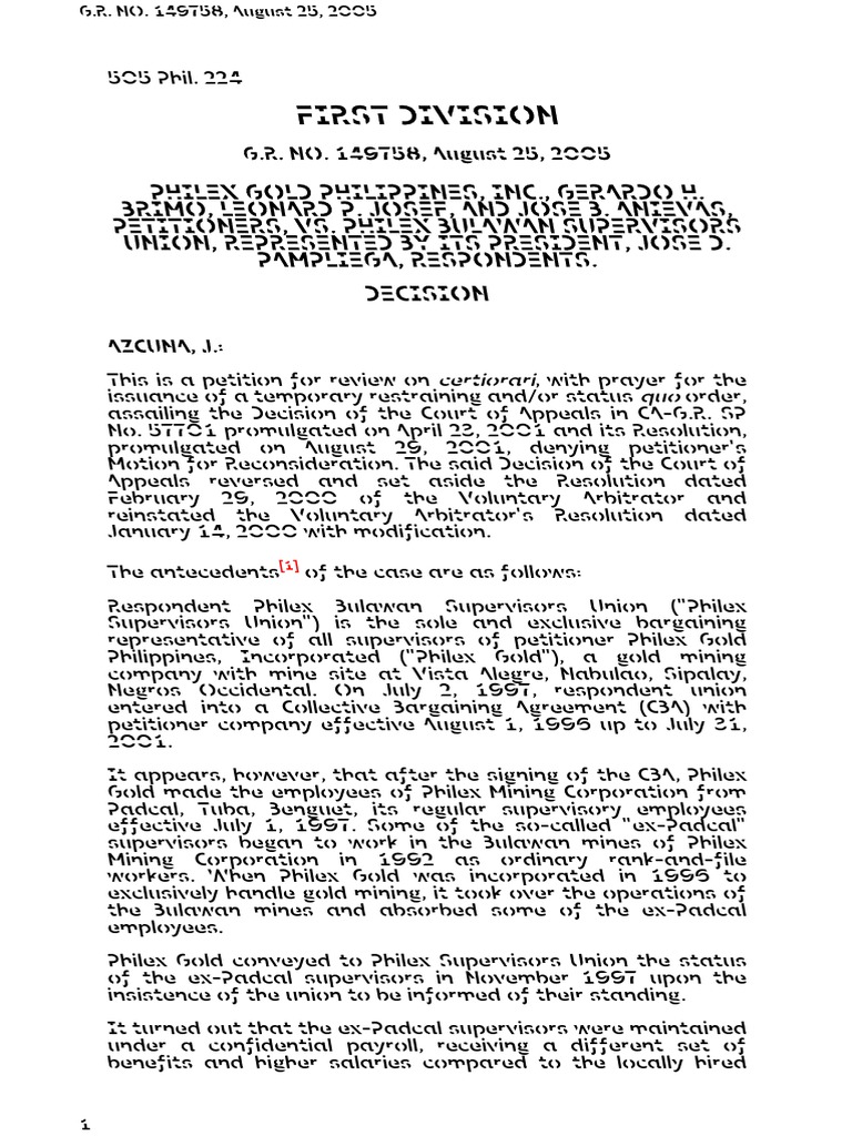 Philex Gold Philippines, Et Al. v. Philex Bulawan Supervisors Union, G ...