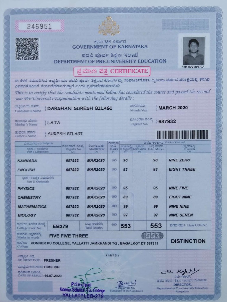 Karnataka Govt Certificate for Pre-University Exam Pass | PDF ...