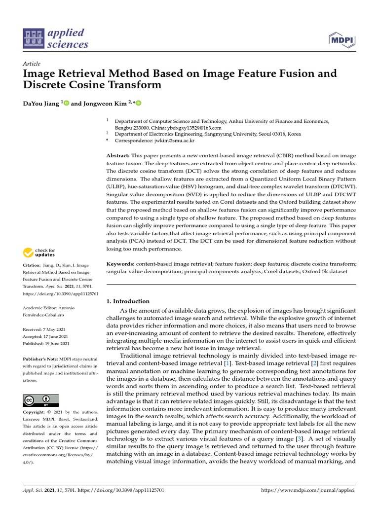 Applied Sciences Image Retrieval Method Based On Image Feature Fusion And Discrete Cosine