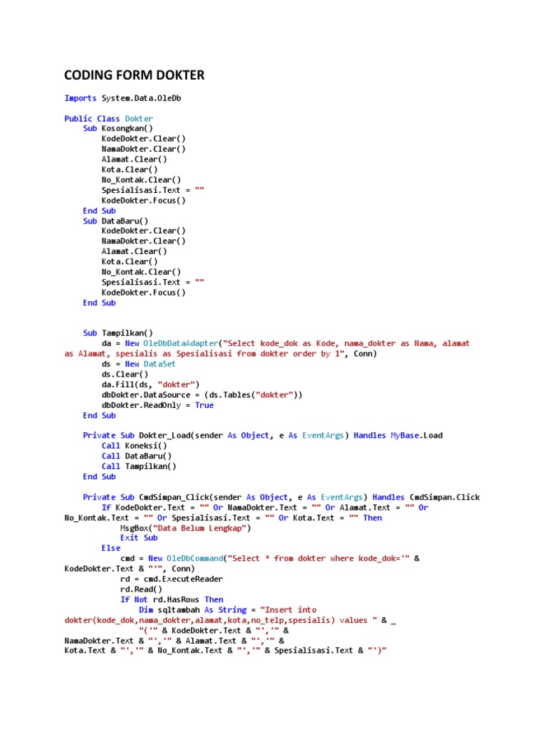 Coding Form Dokter: Imports Public Class Sub | PDF | Computing ...