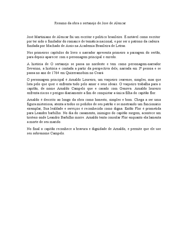 Resumo Da Obra o Sertanejo de Jose de Alencar | PDF