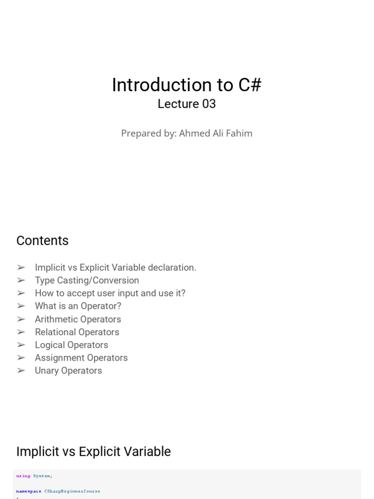 C# Lecture 03 Type Casting, Explicit Vs Implicit Types and Operators (06-10-2021) | PDF | C ...