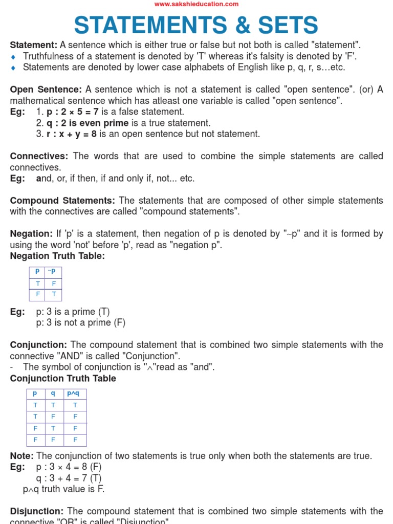 Statements & Sets: T F F T | PDF | If And Only If | Metalogic
