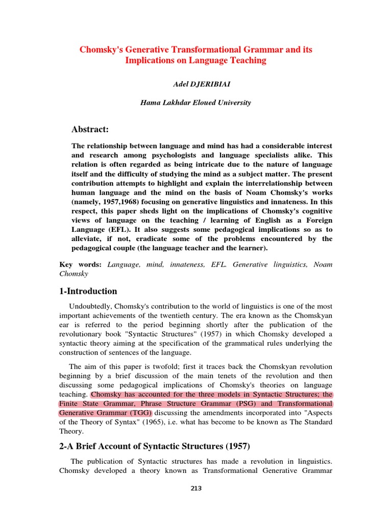 Chomsky's Generative Transformational Grammar | PDF | Syntax | Phrase