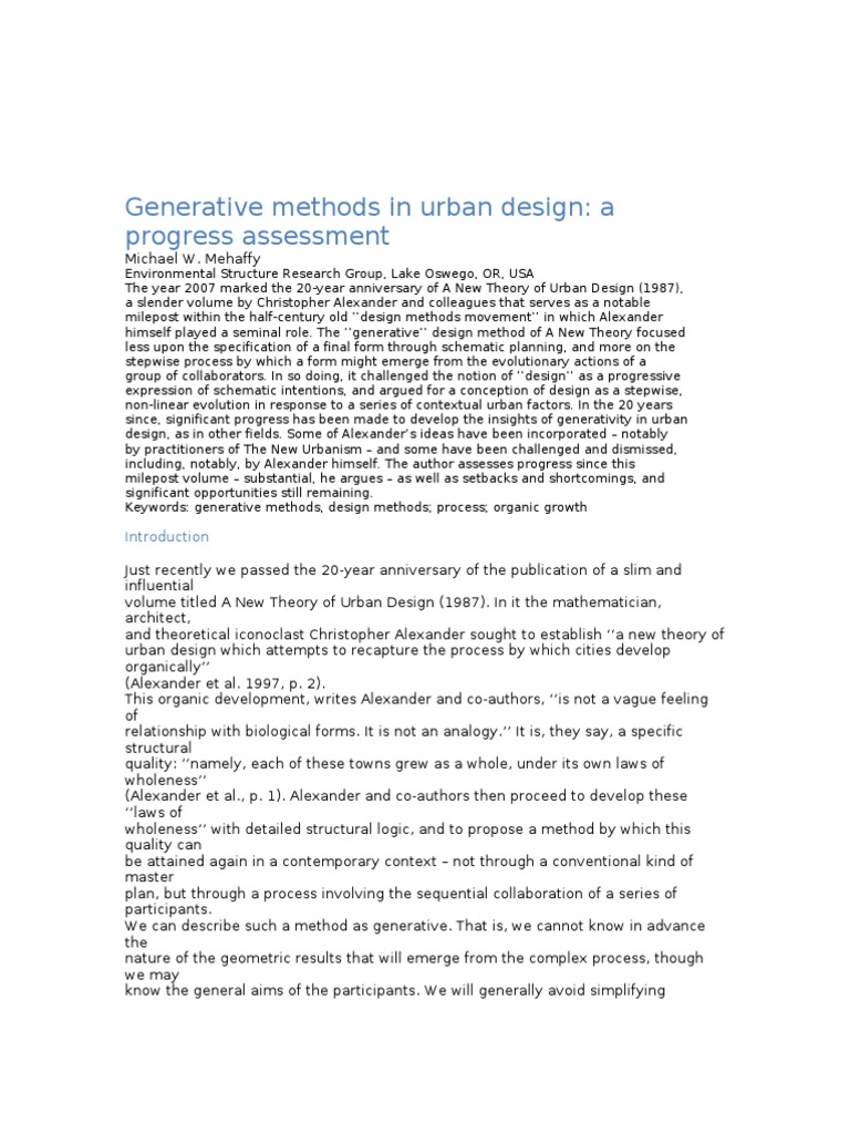 Generative Methods in Urban Design: A Progress Assessment | PDF ...