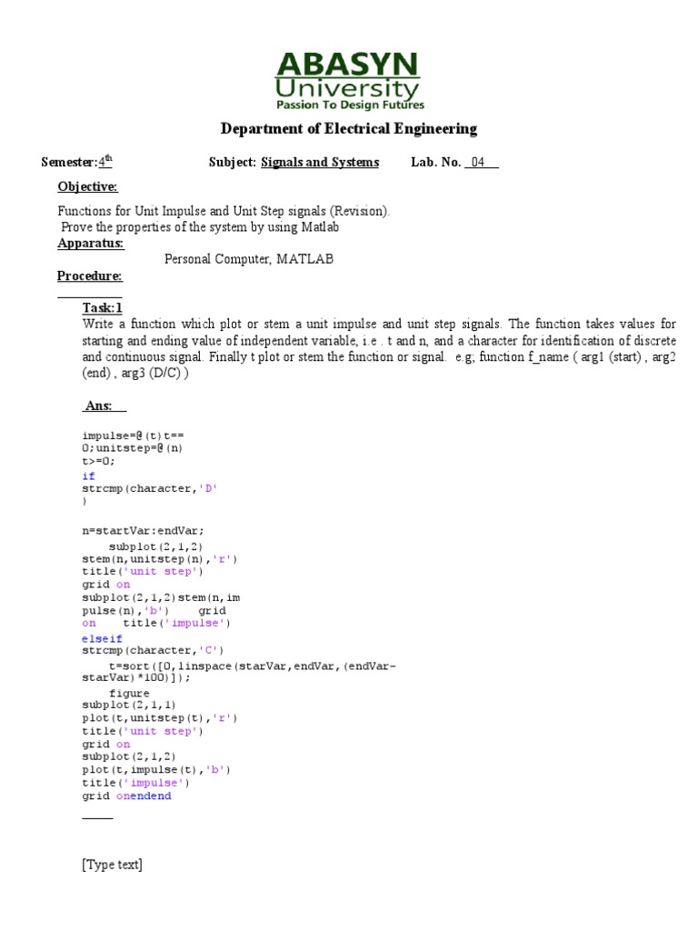 Signals and Systems Lab: MATLAB Tasks | PDF | Discrete Time And Continuous Time | Matlab