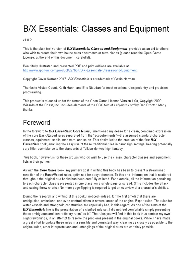 BX Essentials Classes and Equipment - Plain Text Edition | PDF | Dwarf (Dungeons & Dragons ...