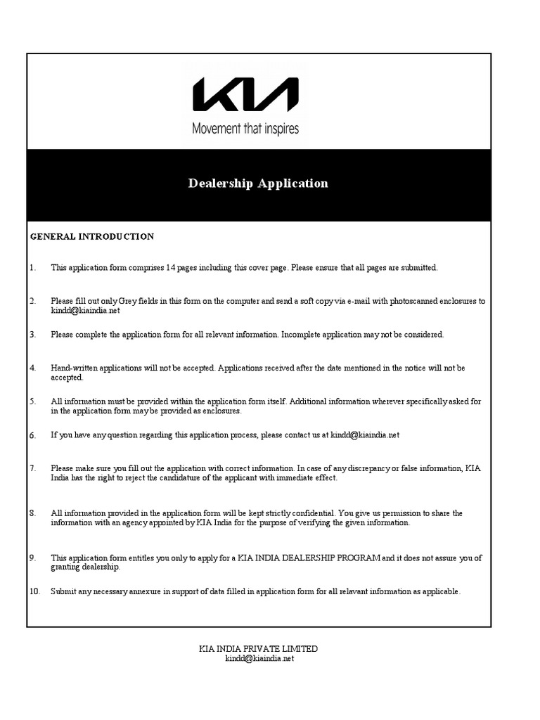 KIA India Dealer Application Form | PDF | Equity (Finance) | Revenue
