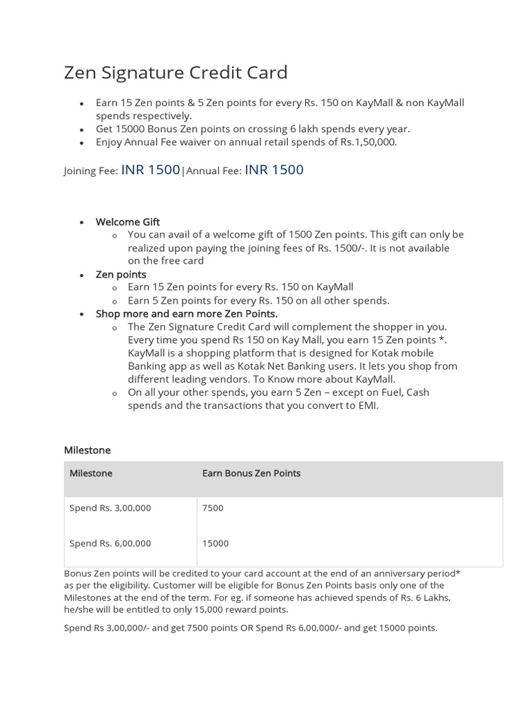 Zen Signature Credit Card: INR 1500 INR 1500 | Download Free PDF ...