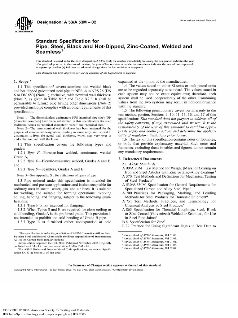 Astm A53 Standard Specification For Pipe, Steel, Black and Hot-Dipped ...