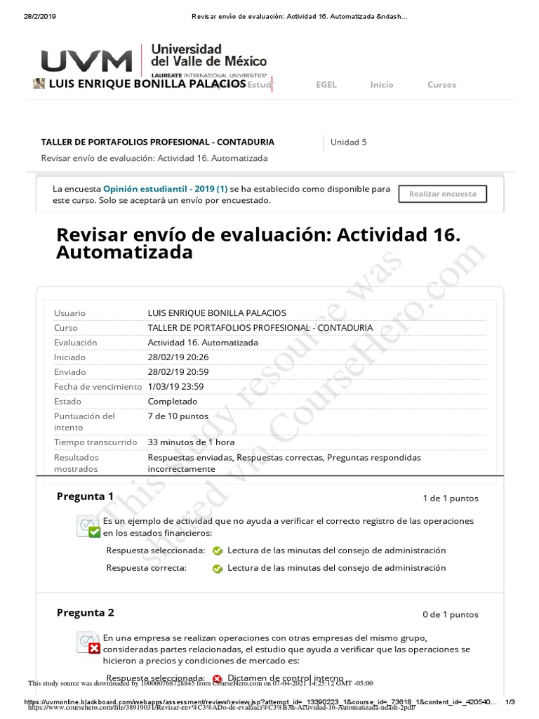 Revisar Env o de Evaluaci N Actividad 16. Automatizada Ndash.. 2 PDF | PDF | Auditoría ...