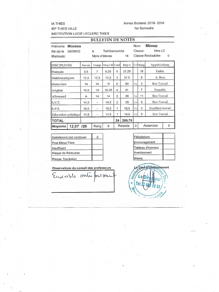 00000078-Bulletin de Notes 1er Semestre Première | PDF