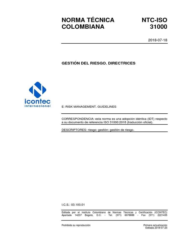 Norma Técnica Ntc-Iso Colombiana 31000: Gestión Del Riesgo. Directrices | PDF | Organización ...