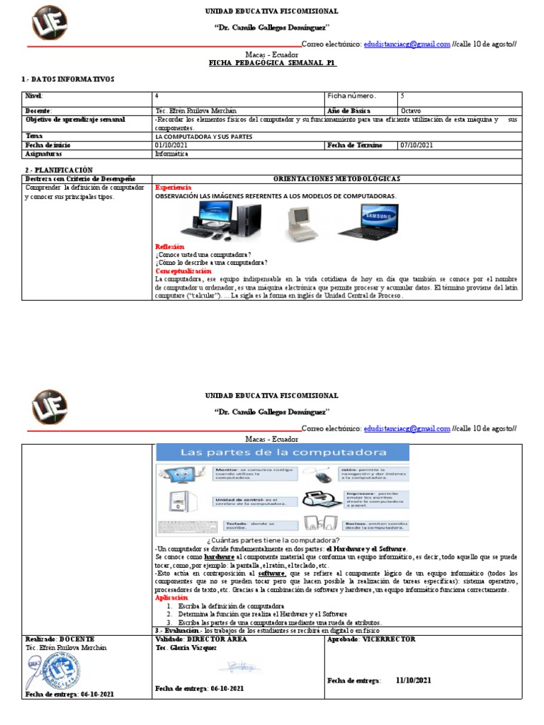 Ficha Semana 5 Informatica 8vo Egb-Efren | PDF | Hardware de la ...