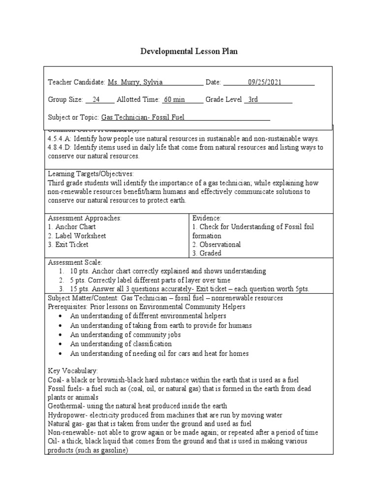 Third Grade Fossil Fuel Lesson Plan | PDF | Fuels | Natural Gas