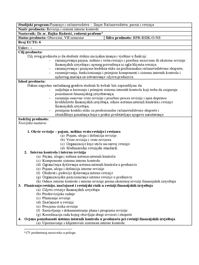 Revizija I Sistemi Interne Kontrole | PDF