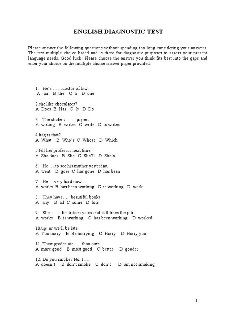 Assessing English Proficiency: A Diagnostic Test and Key for Evaluating ...